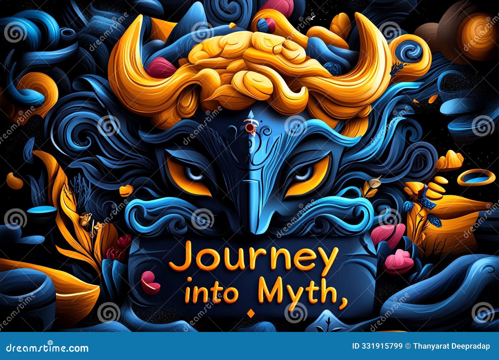 A Stylized Mythical Creature with Horns and Glowing Eyes, Surrounded by ...