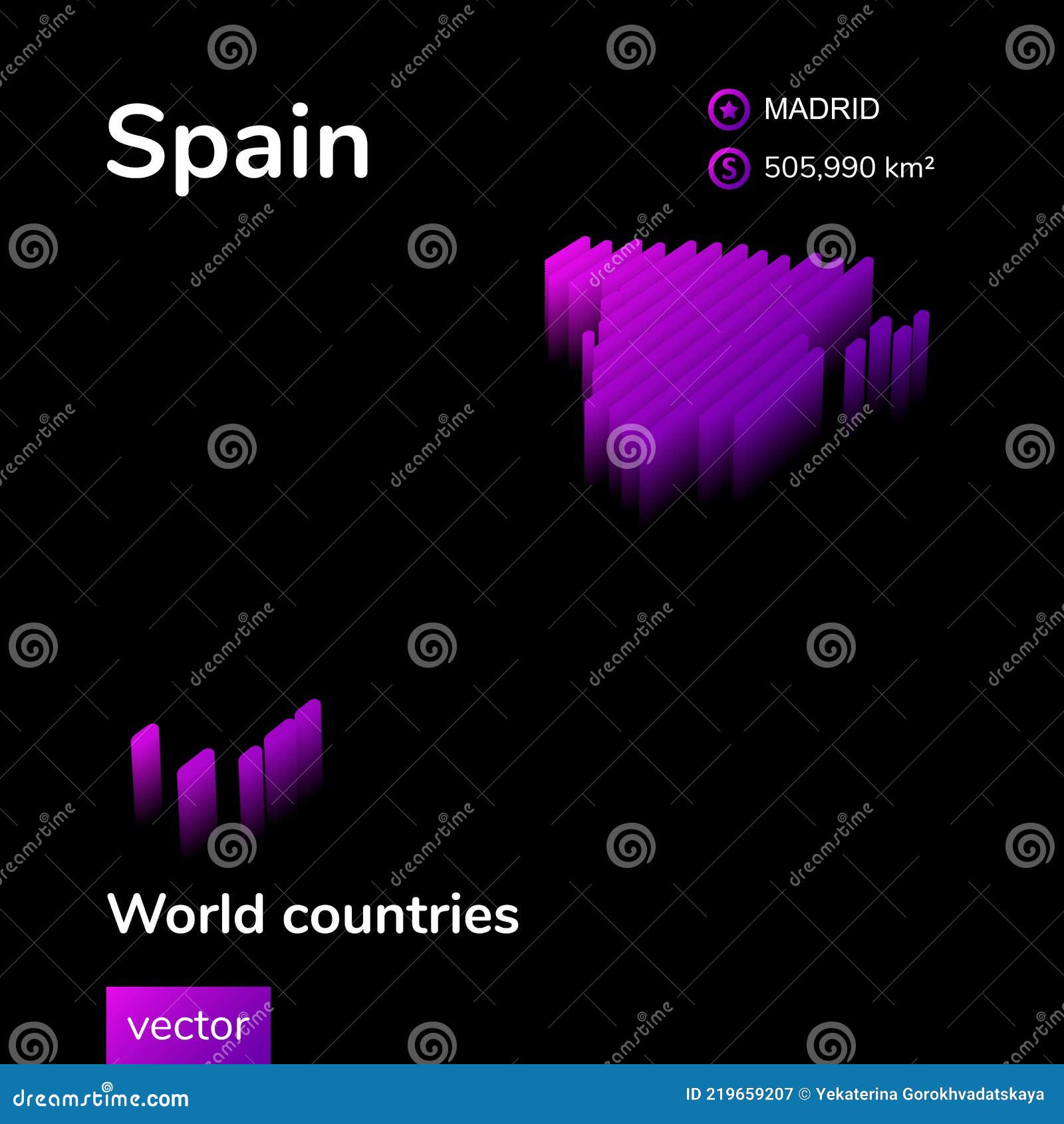 Stylized Neon Digital Isometric Striped Vector Spain Map With 3d Effect ...