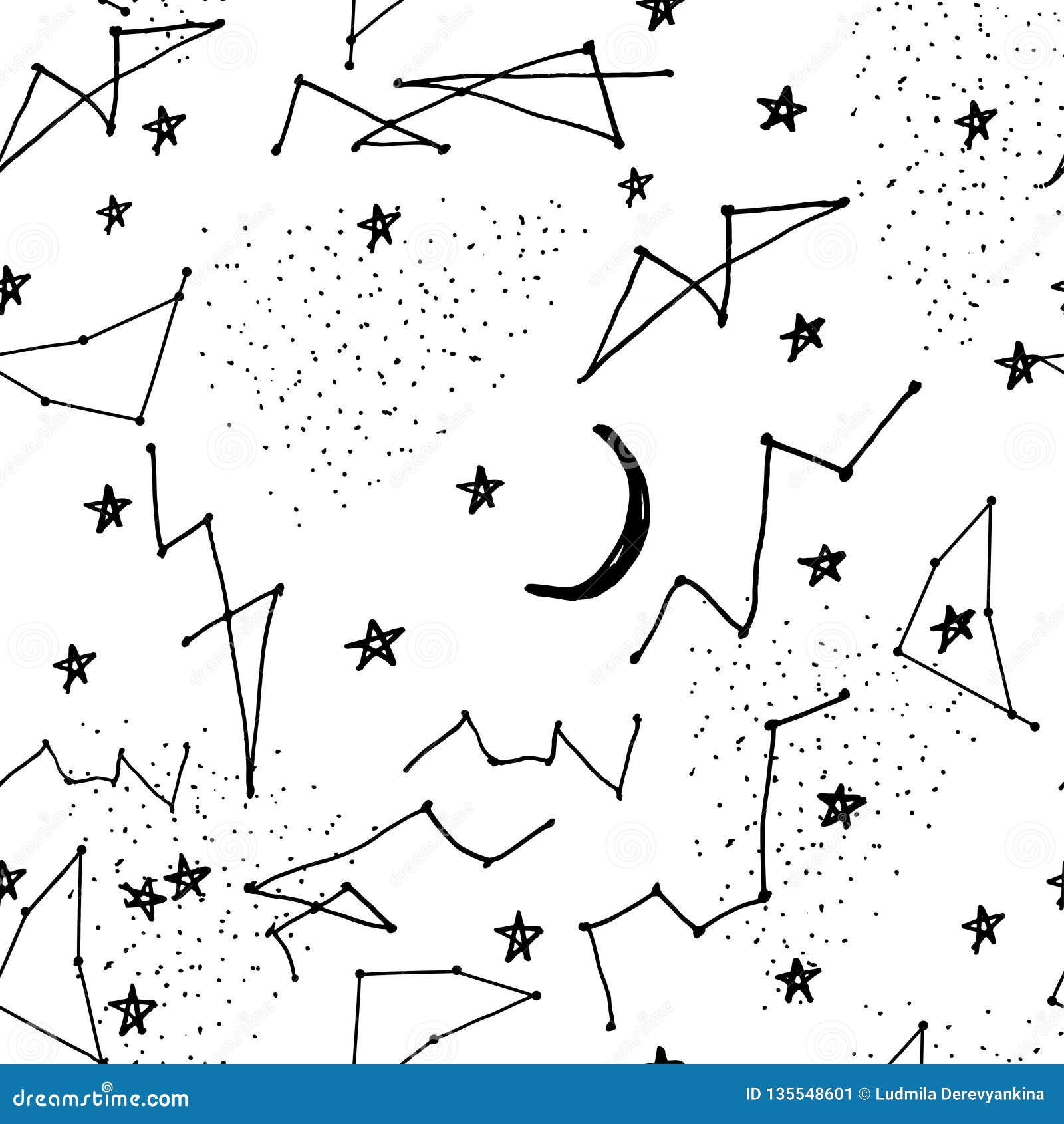 Stylized Night Sky Seamless Pattern with Shining Stars, Constellations ...