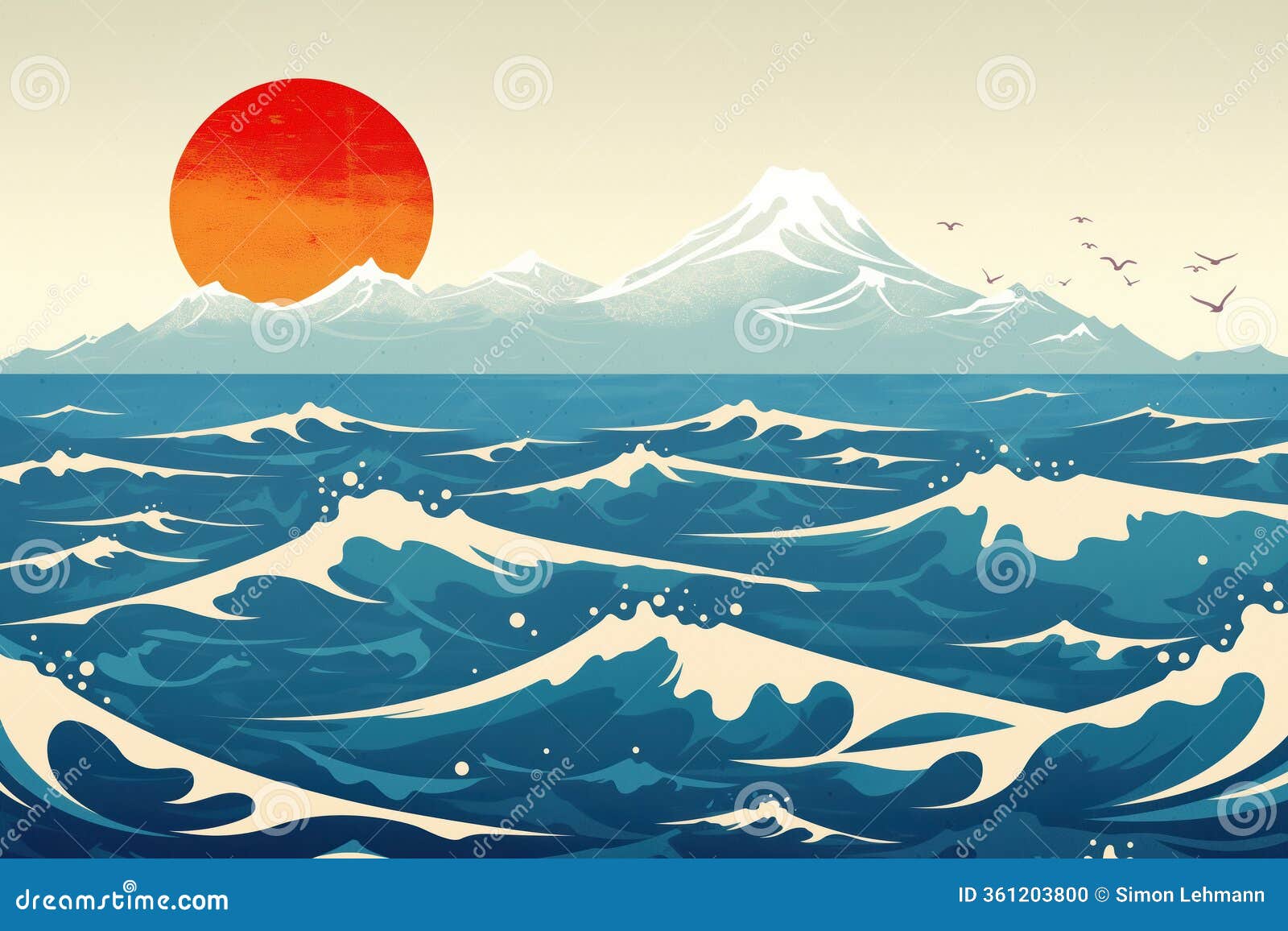Stylized Ocean Waves with a Vivid Red Sun Stock Illustration ...