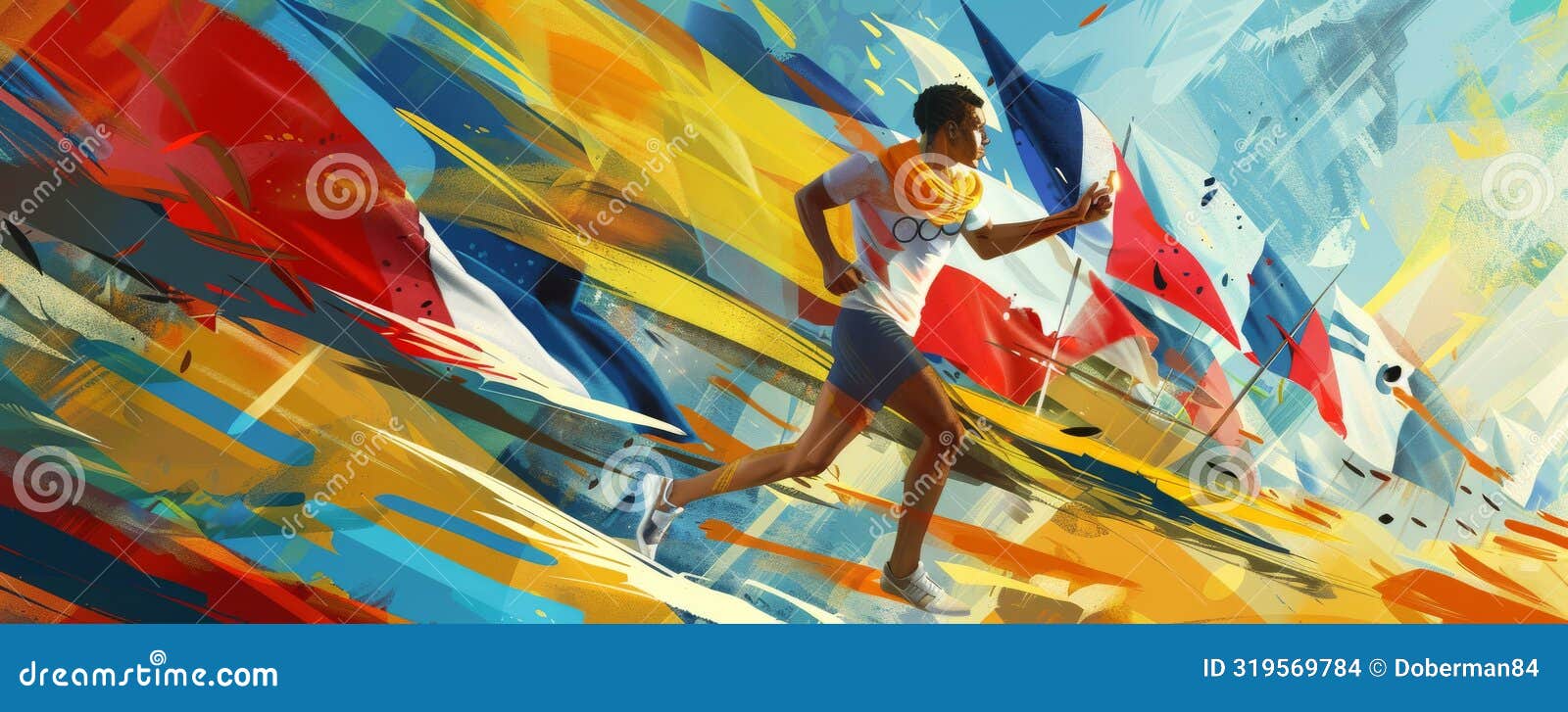 Stylized Olympic Torch Relay Scene with Runner Holding Torch and ...