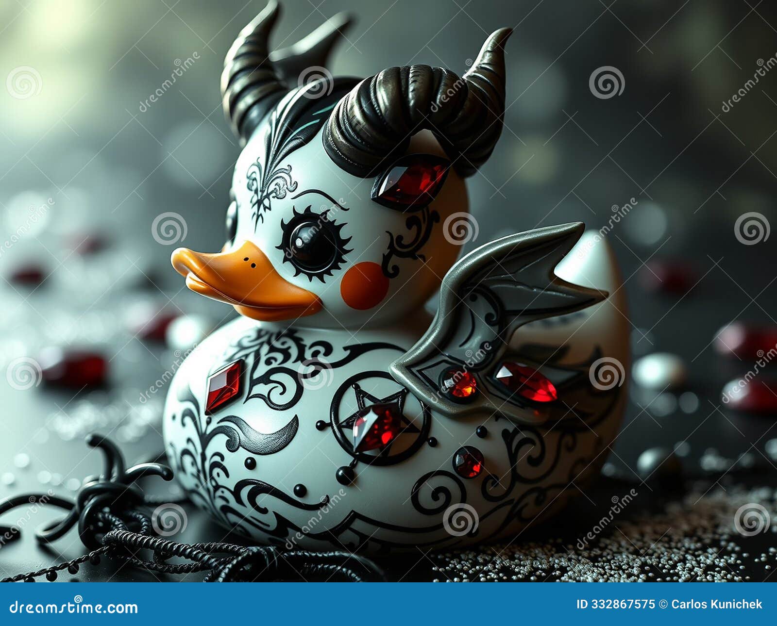 A Stylized, Ornate Rubber Duck with Gothic Elements, Including Horns ...