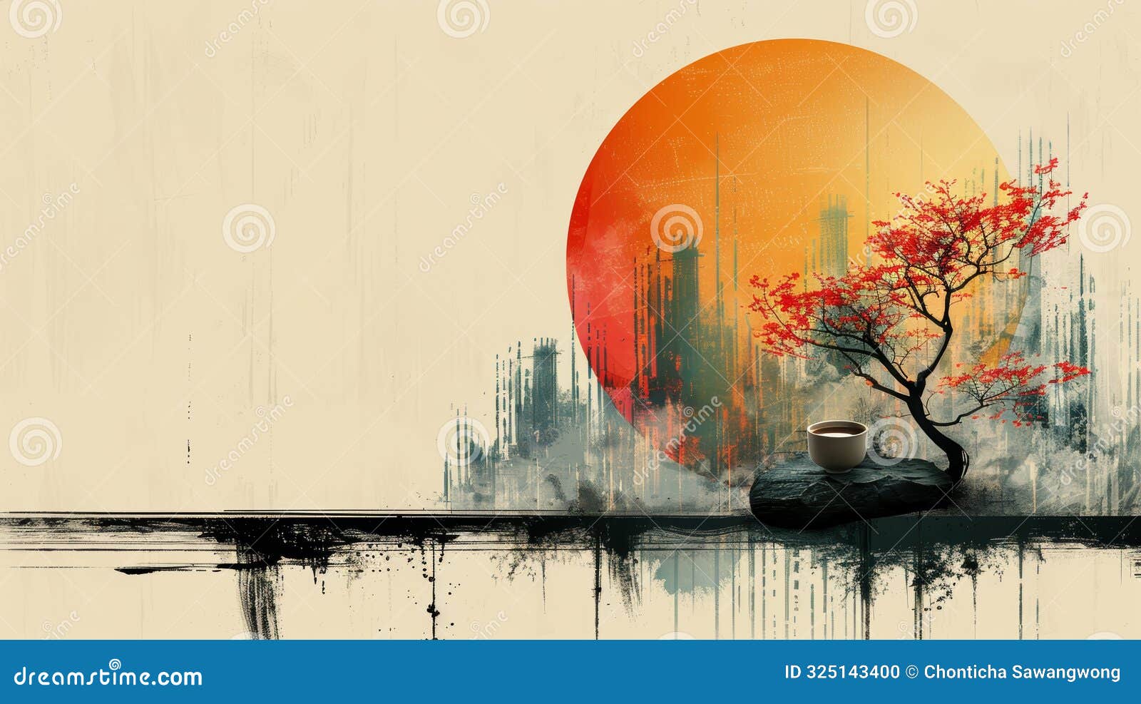 A Stylized Painting Of A Red Sun Setting Behind A Tree, Creating A ...