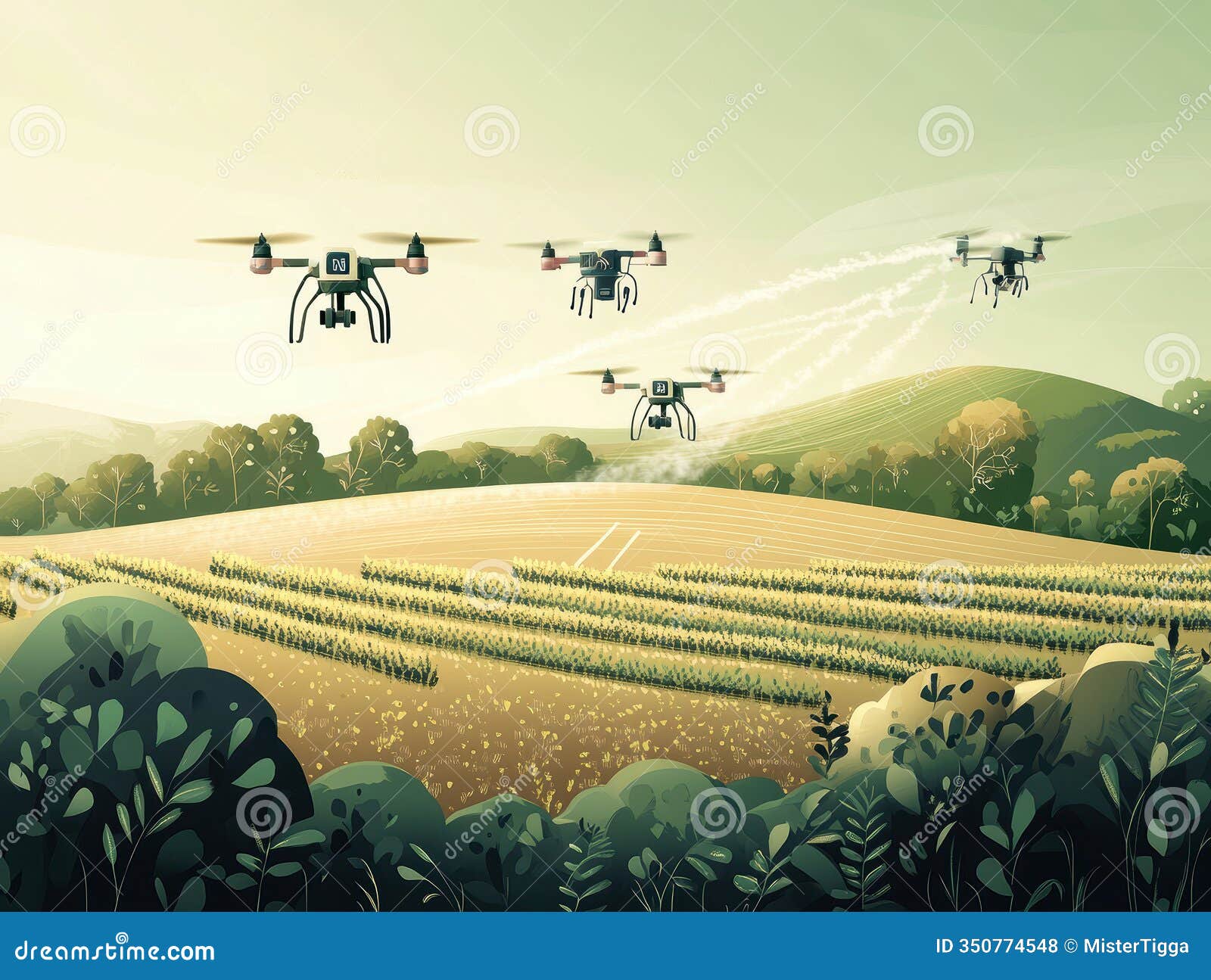 Stylized Pastoral Scene with a Row of Drones Spraying Crops Wheat or ...