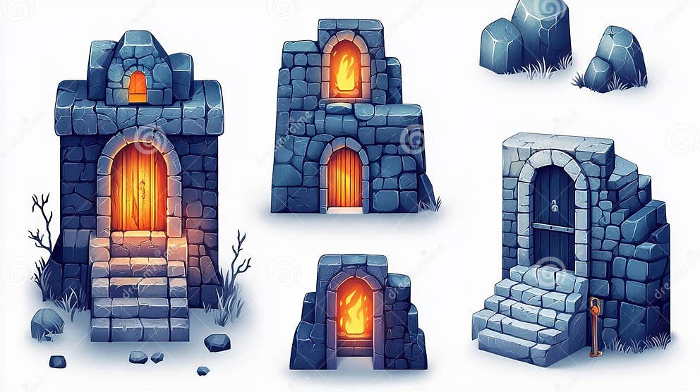 Stylized Pixelated Isometric Dungeon Structures with Dark Tones and ...