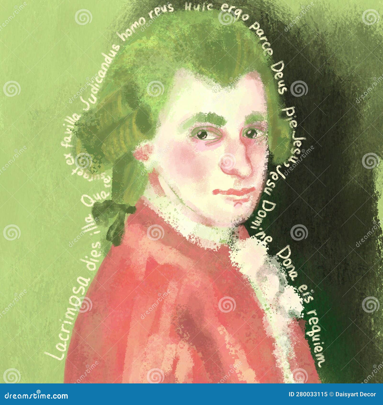 Stylized Portrait Of Amadeus Mozart In Profile, Inscribed With Words ... Stylized Portrait Of Amadeus Mozart In Profile, Inscribed With Words ...