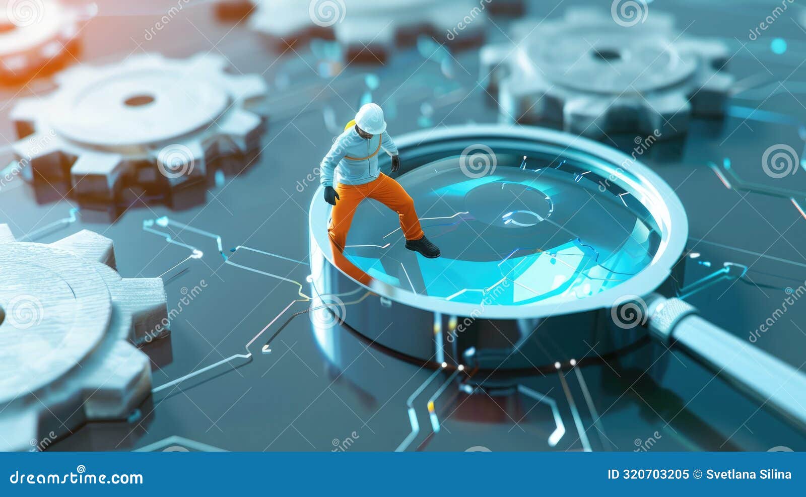 Stylized Qa Engineer Figure Using Magnifying Glass On Digital App Icon With Copyspace Available