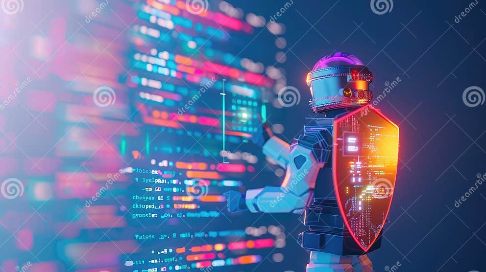 Stylized QA Engineer Holding a Digital Shield, Protecting Software Code from Bugs, with ...