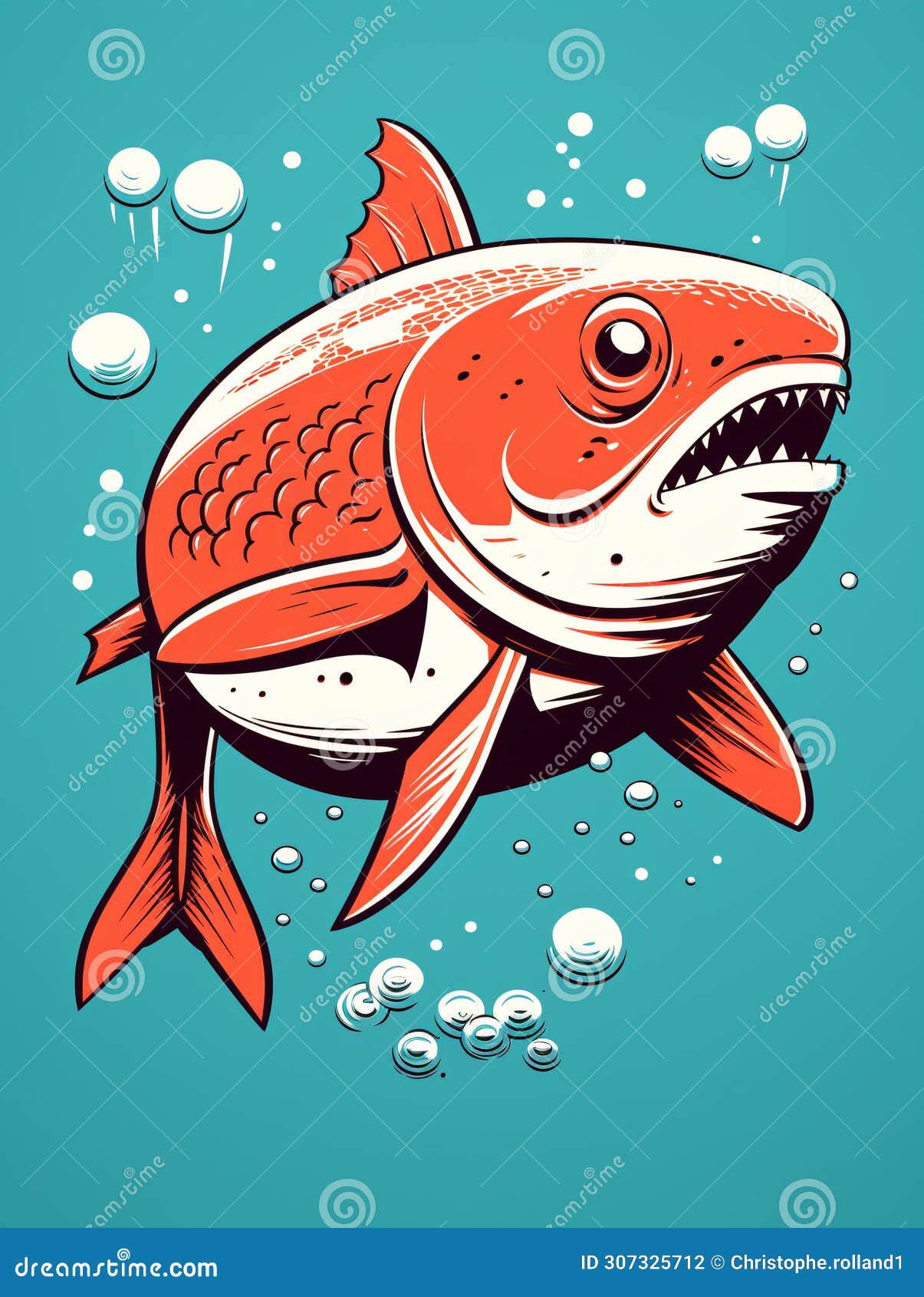 Stylized Red Fish Illustration with Bubbles, and Teal Backdrop Stock ...