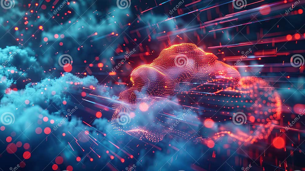 A Stylized Representation of Cloud Computing, Featuring a Cloud Formed from Digital Elements and ...