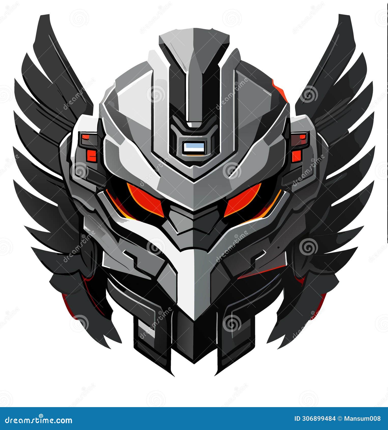 A Stylized Robot Head with Wings and a Red Eye Stock Illustration ...
