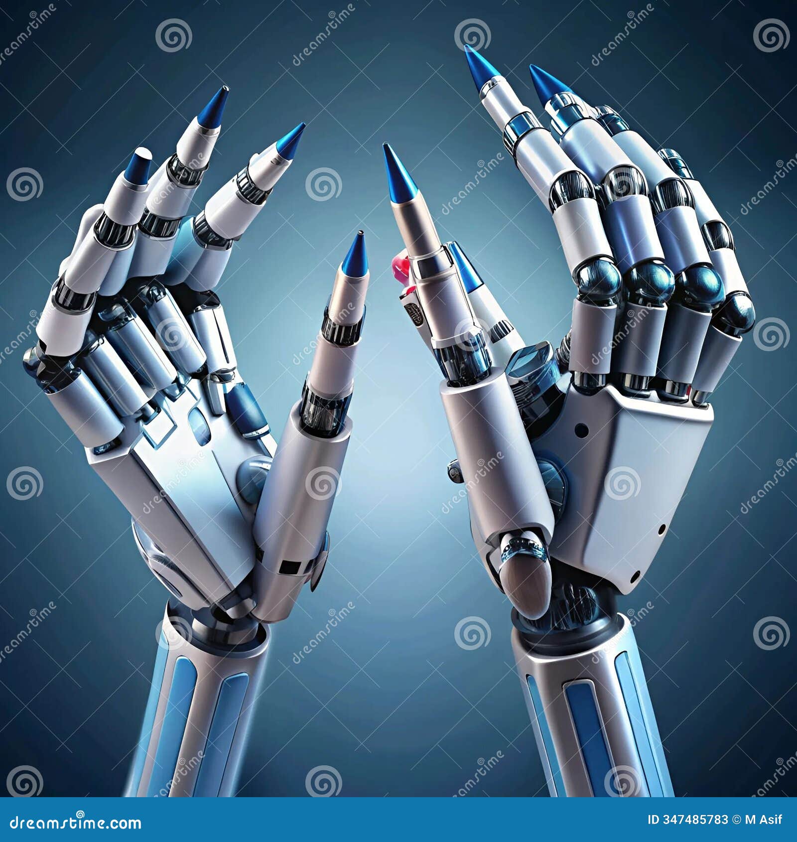 Stylized Robotic Hands in Various Gestures, Featuring Sleek Metallic ...