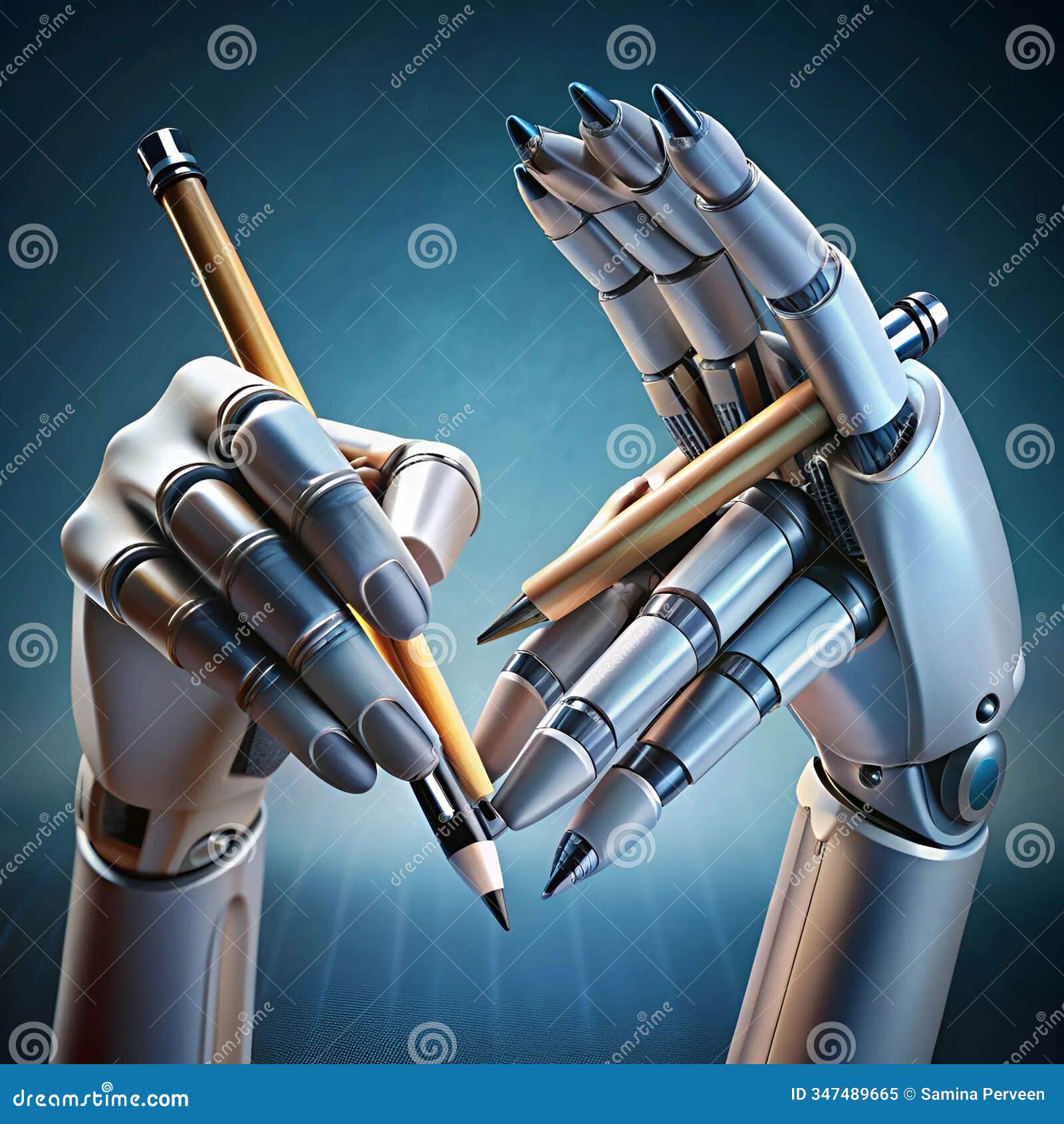 Stylized Robotic Hands in Various Gestures, Featuring Sleek Metallic ...