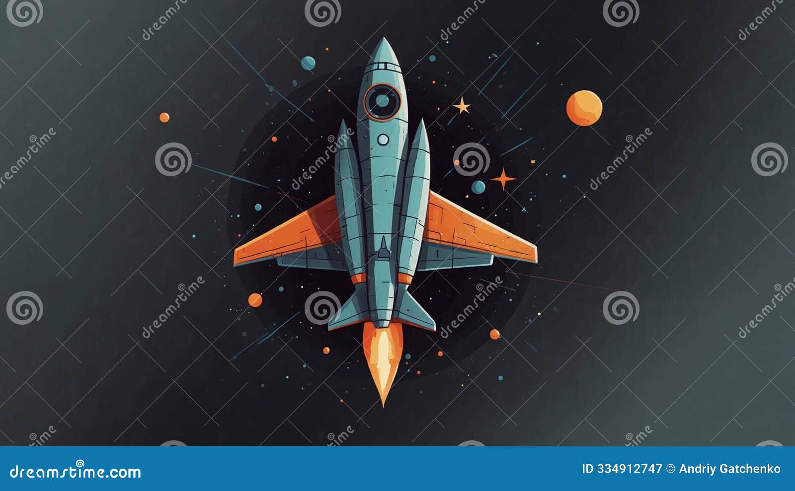 Stylized Rocket Ship Soaring through Outer Space with Stars and Planets in Background Stock ...