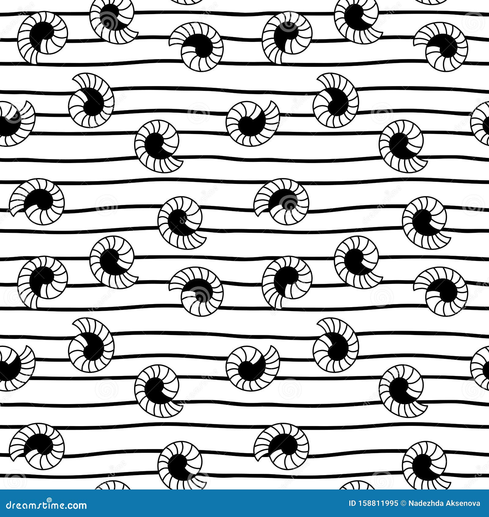 Stylized Seashells on Striped Background, Hand Drawn Vector Seamless ...