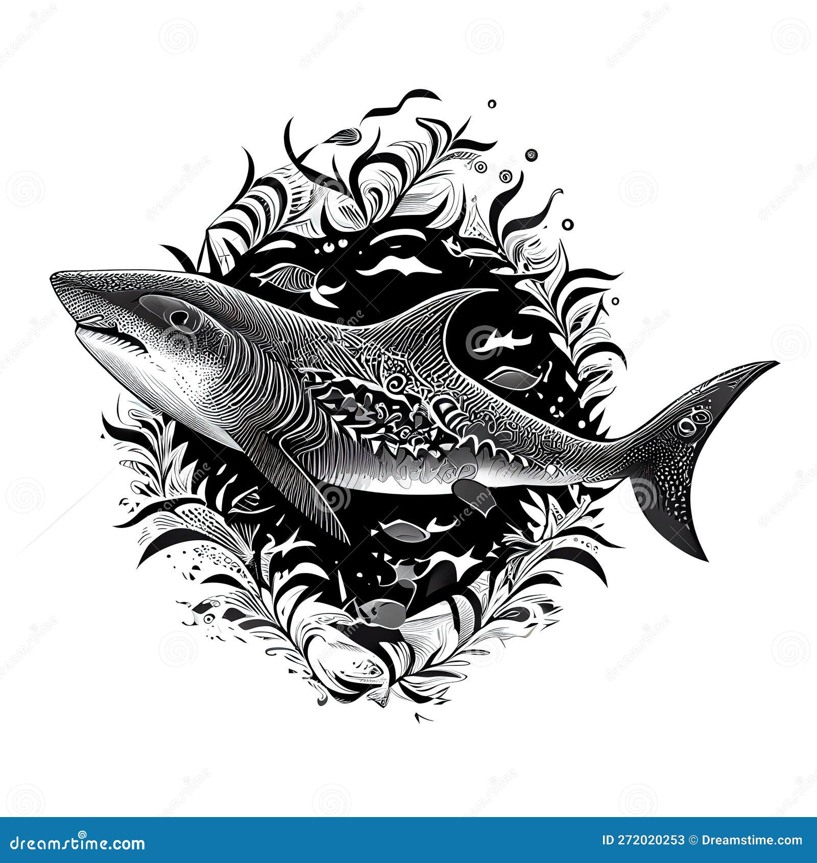 Stylized Shark in Water, Circular Black White Illustration, AI ...