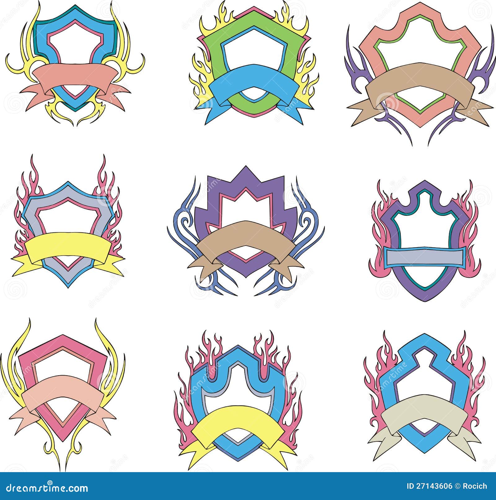 Stylized Shields With Motto Ribbons Vector Illustration | CartoonDealer ...