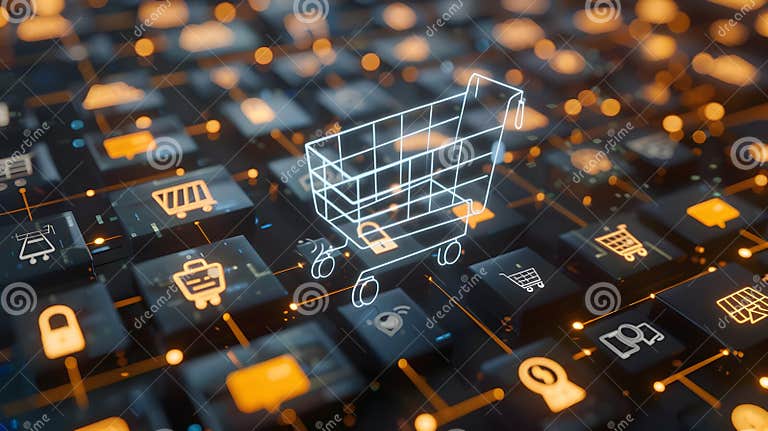 Stylized Digital Shopping Cart on a Futuristic Screen Stock ...