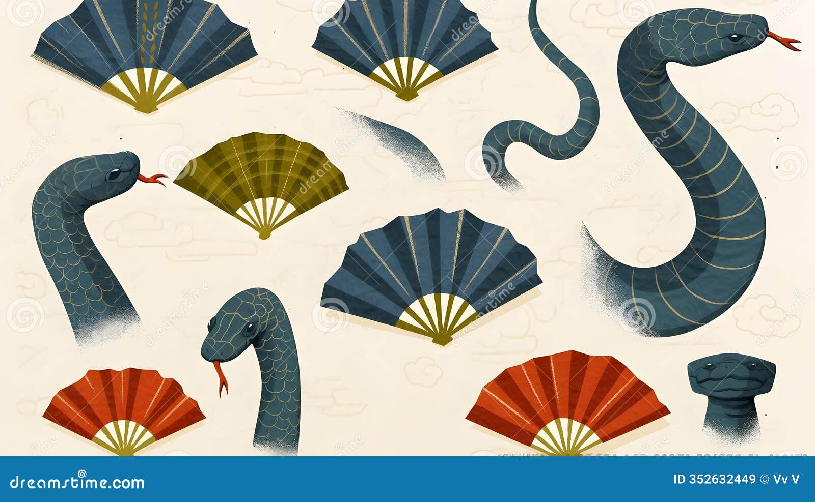 Stylized Snake and Fan Illustrations in Vibrant Colors Stock ...