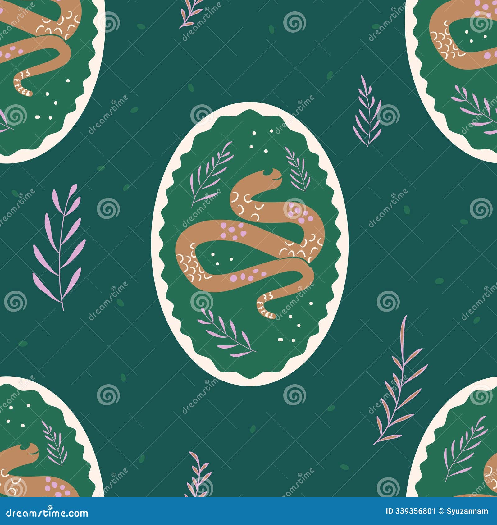 Stylized Snake in Oval Frames Repeat Pattern on Dark Green Background ...