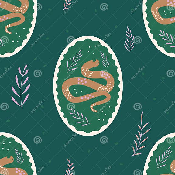 Stylized Snake in Oval Frames Repeat Pattern on Dark Green Background ...