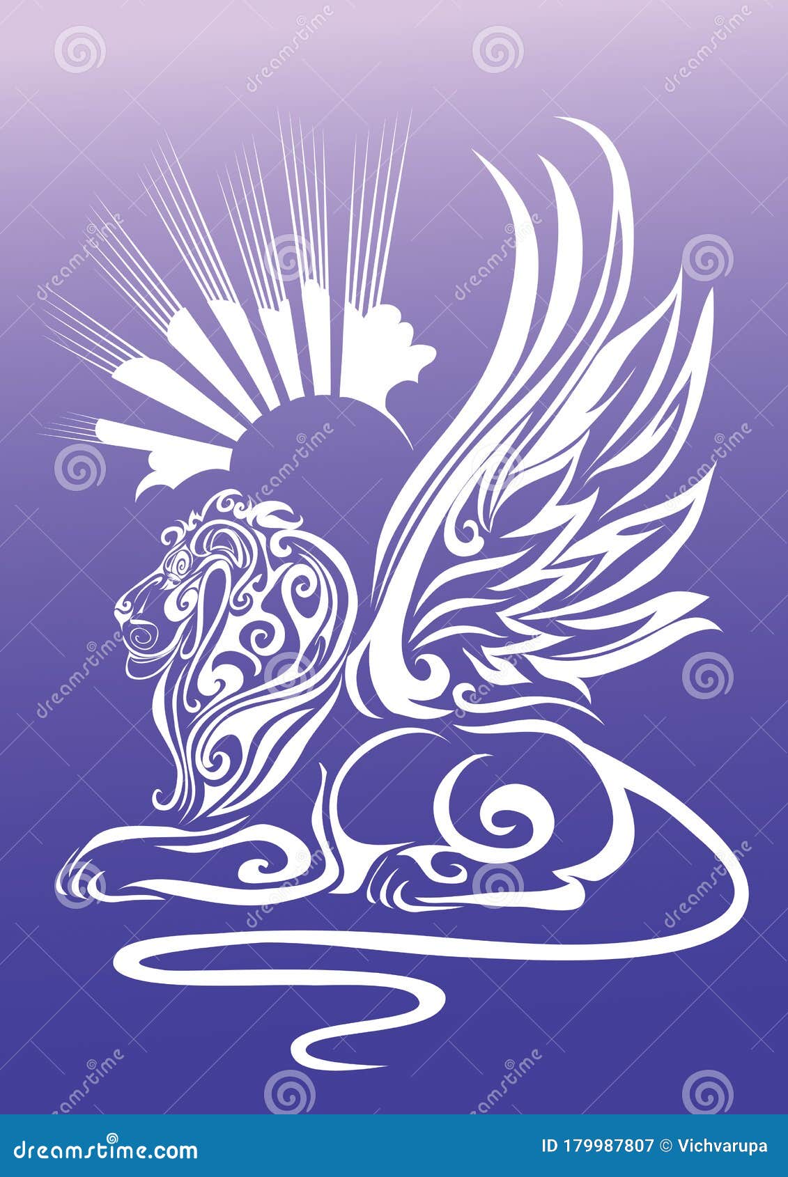 Stylized Sphinx with Raised Wings in Profile on a Background of the Sun ...