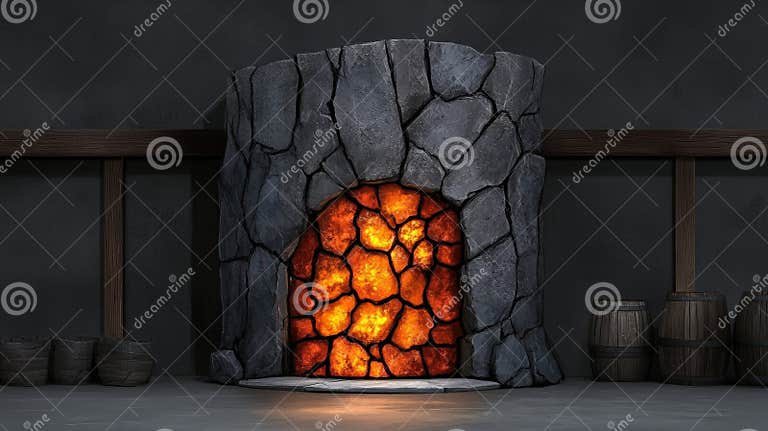 Stylized Stone Fireplace with Glowing Embers Dark Rustic Background ...