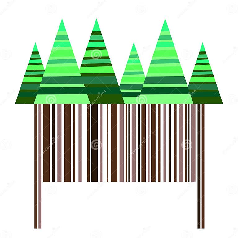 Stylized Striped Coniferous Trees Over Brown Barcode Making Trunks ...