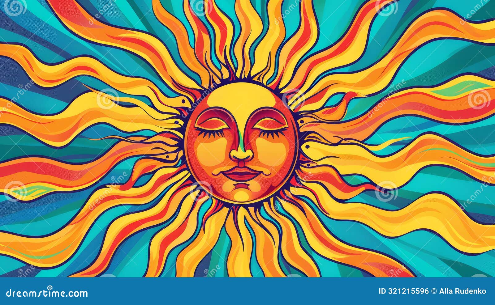 Stylized Sun with Expressive Face and Vibrant Rays. Bold, Artistic ...