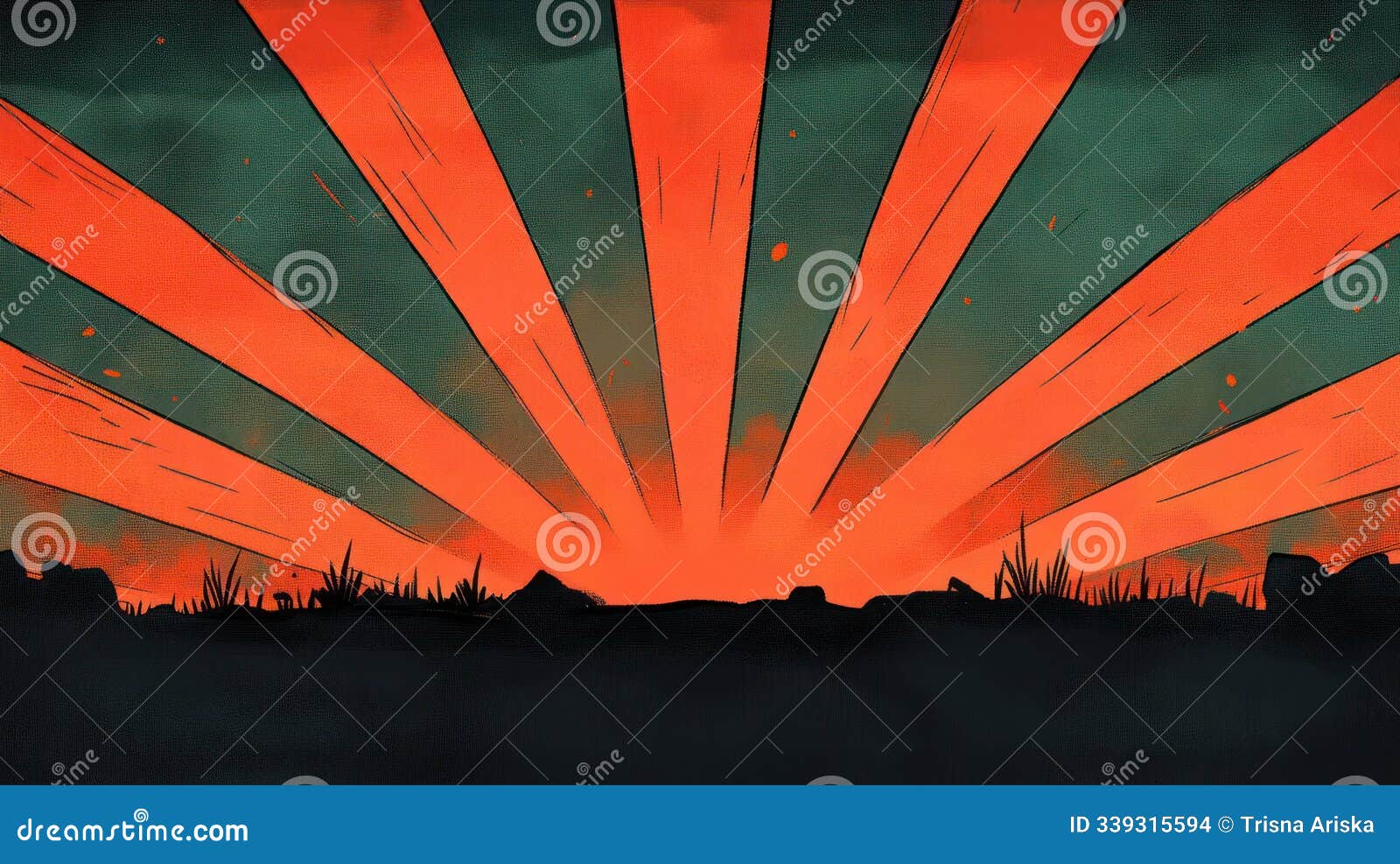 A Stylized Sunrise with Bold Rays Emanating from a Dark Horizon Stock ...