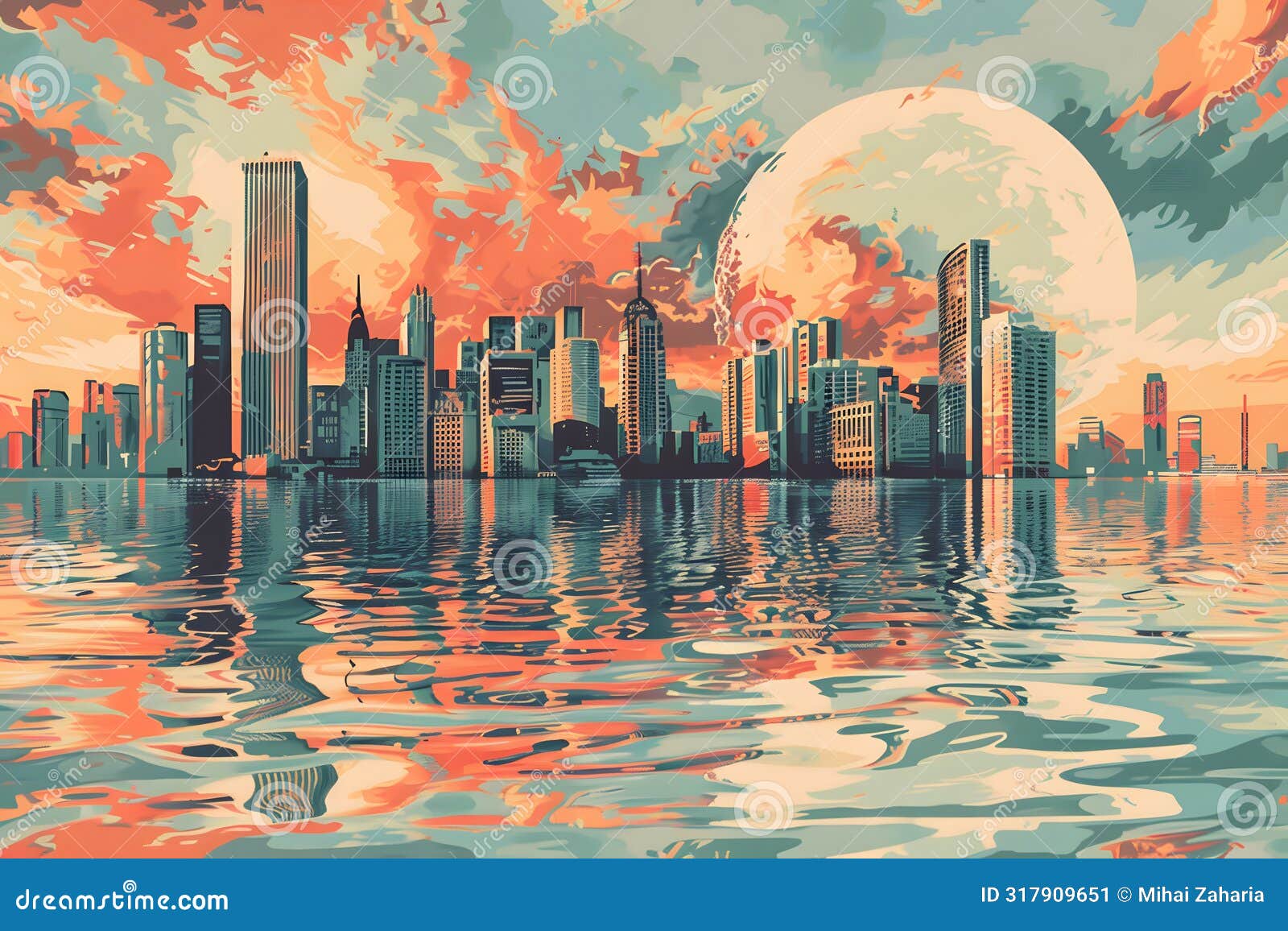 Stylized Sunset Cityscape Reflection on Water Illustration Stock ...