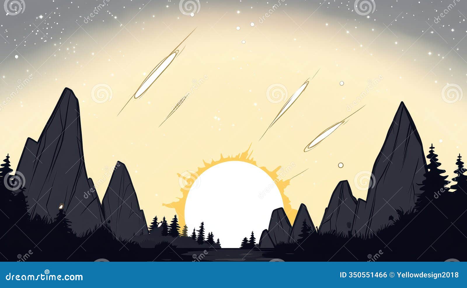 Stylized Sunset Landscape with Mountains and Shooting Stars Stock Photo ...