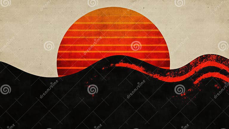 A Stylized Sunset Over Waves, Featuring Bold Colors and Minimalistic ...