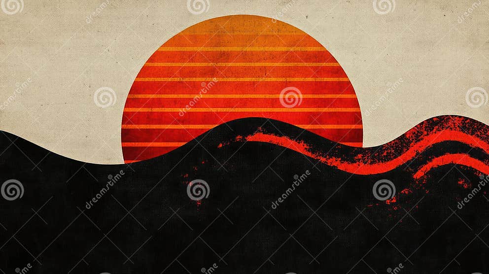A Stylized Sunset Over Waves, Featuring Bold Colors and Minimalistic ...