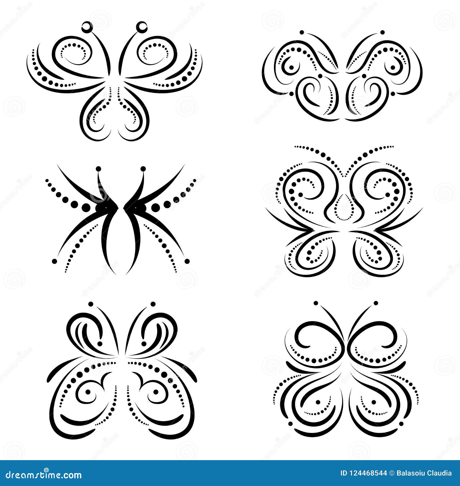 Stylized Swirl Butterflies Set Stock Vector - Illustration of ornate ...