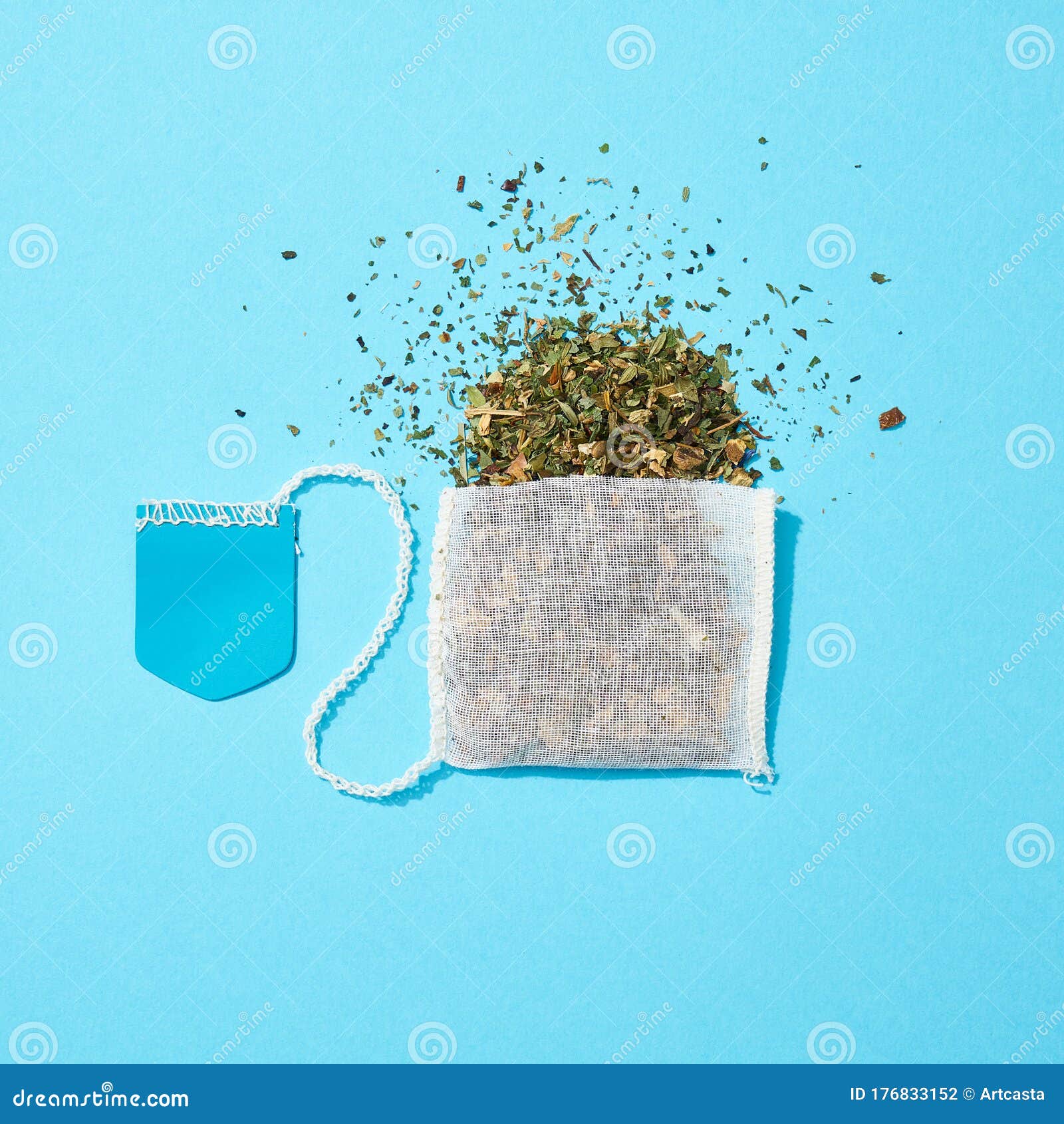 Stylized Tea Bag with Luxury Tea Inside on a Blue Stock Photo - Image ...