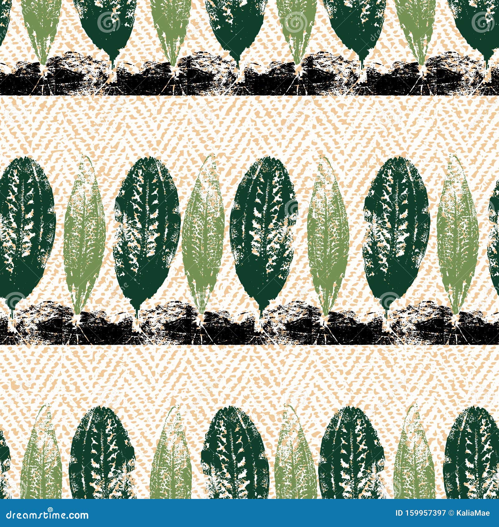 Stylized Textured Ink Leaf Trees Illustration in a Seamless Pattern ...