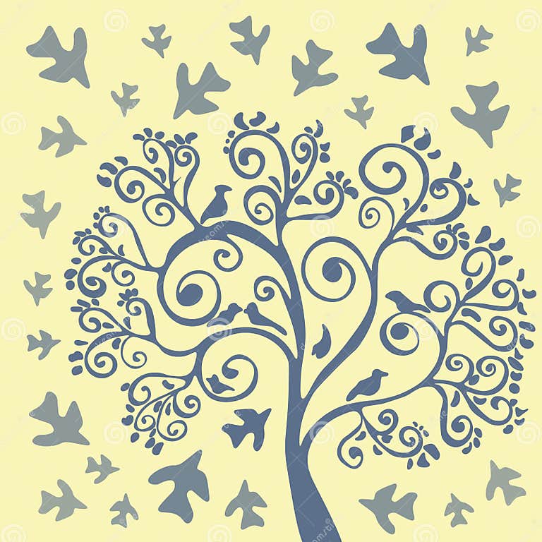 Stylized tree with birds. stock vector. Illustration of beauty - 246974905