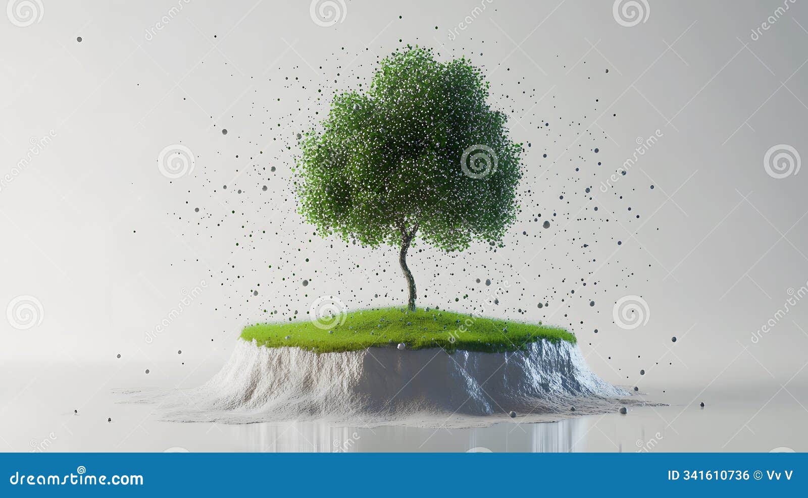 Stylized Tree on a Grassy Knoll with Floating Particles Stock Photo ...
