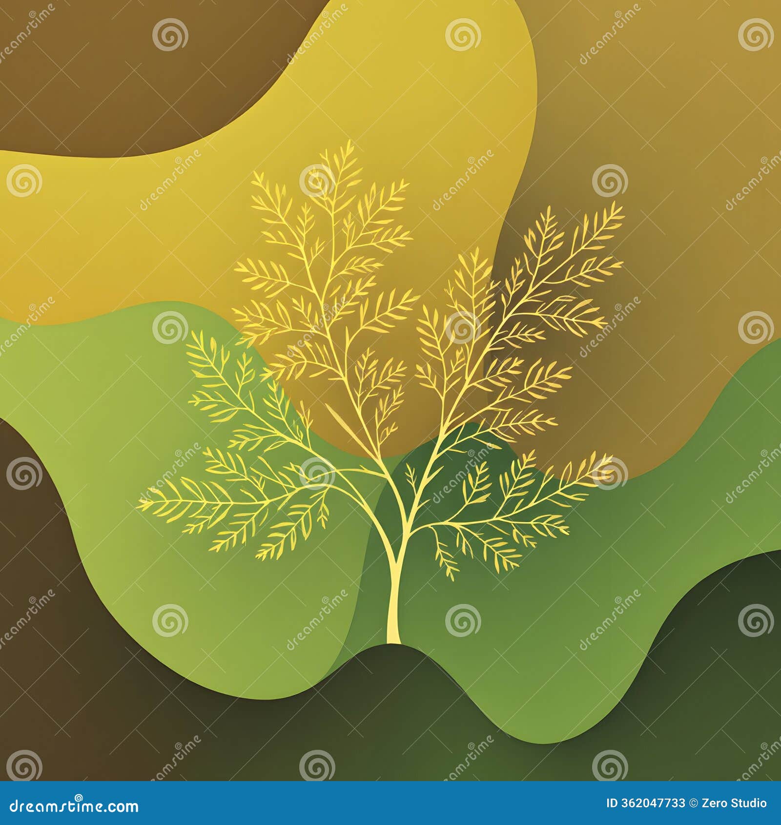 Stylized Tree Illustration with Earthy Tones and Wavy Background Stock ...