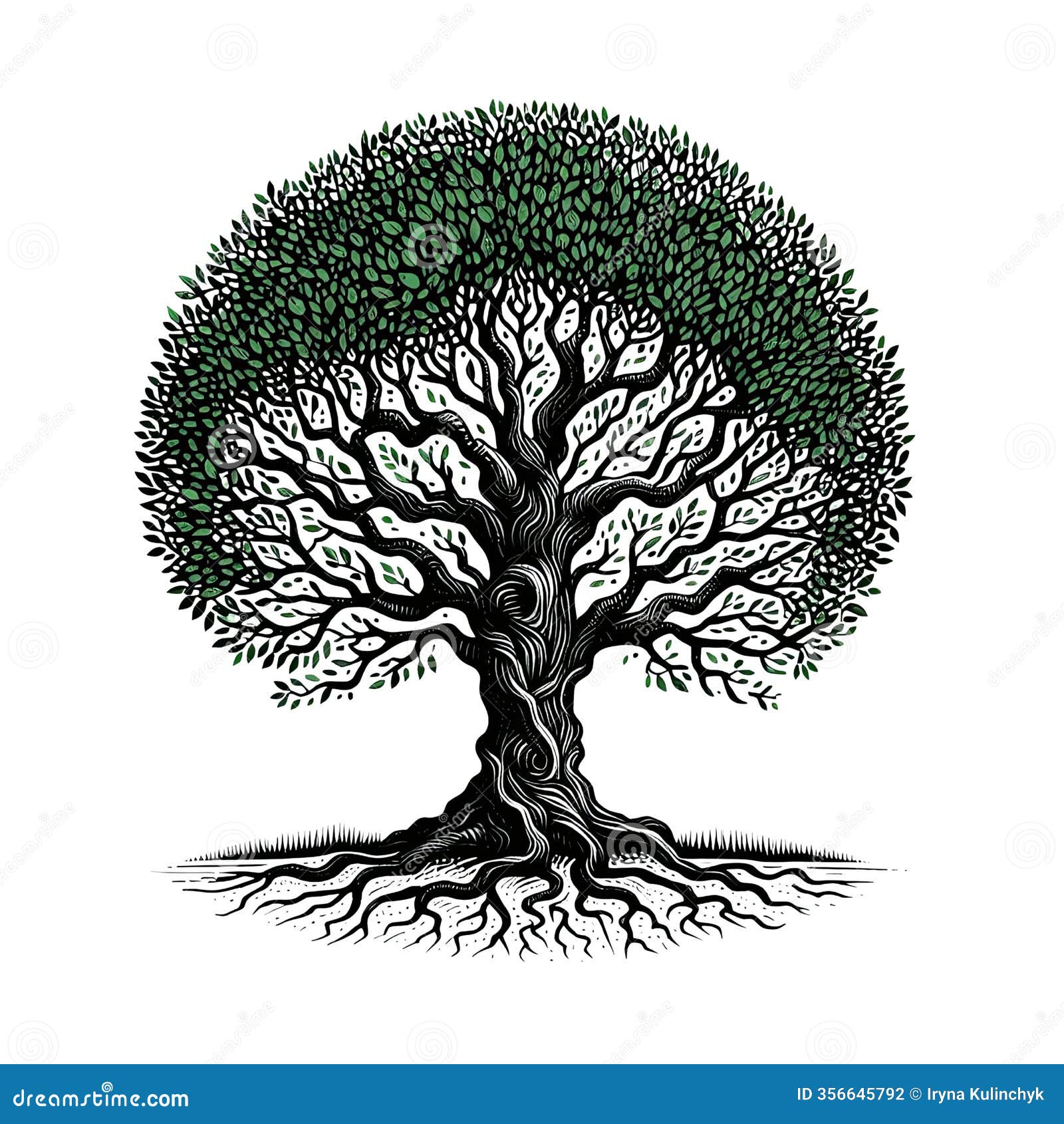 Stylized Tree with Intricate Branches, Green Leaves and Visible Roots ...