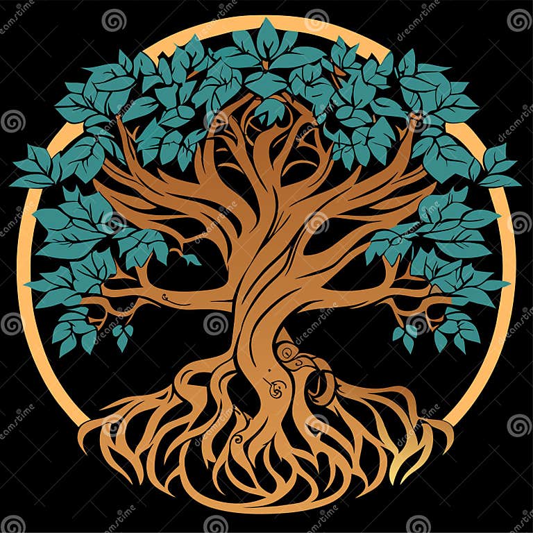 Stylized tree with roots stock illustration. Illustration of dark ...