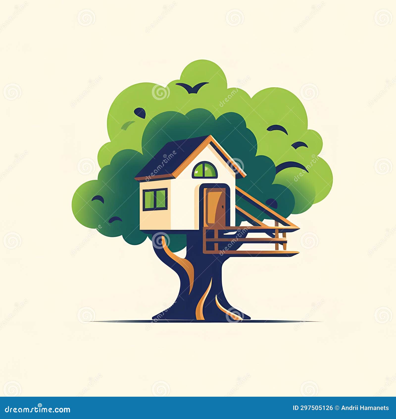 Stylized Treehouse Illustration with a Large Green Tree on a Plain ...