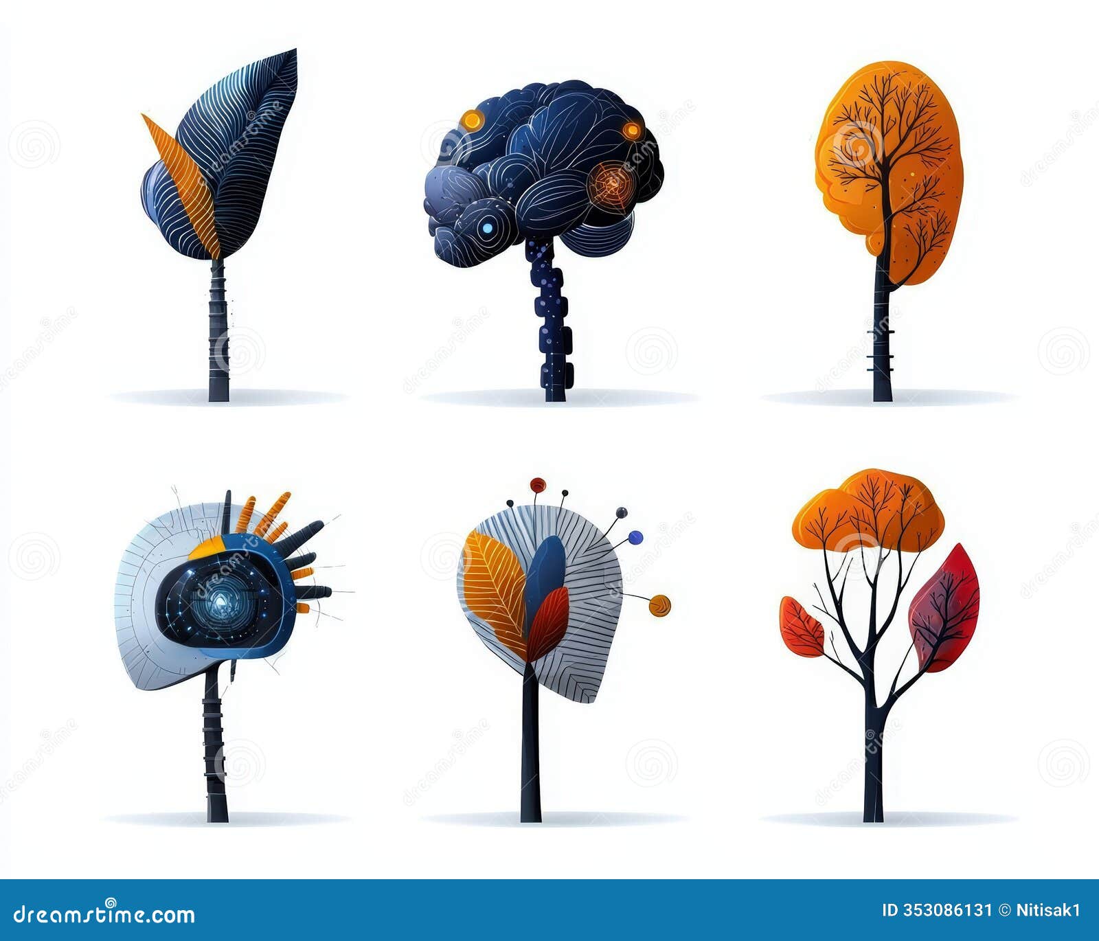 Stylized Trees with Brain Designs White Background Stock Illustration ...
