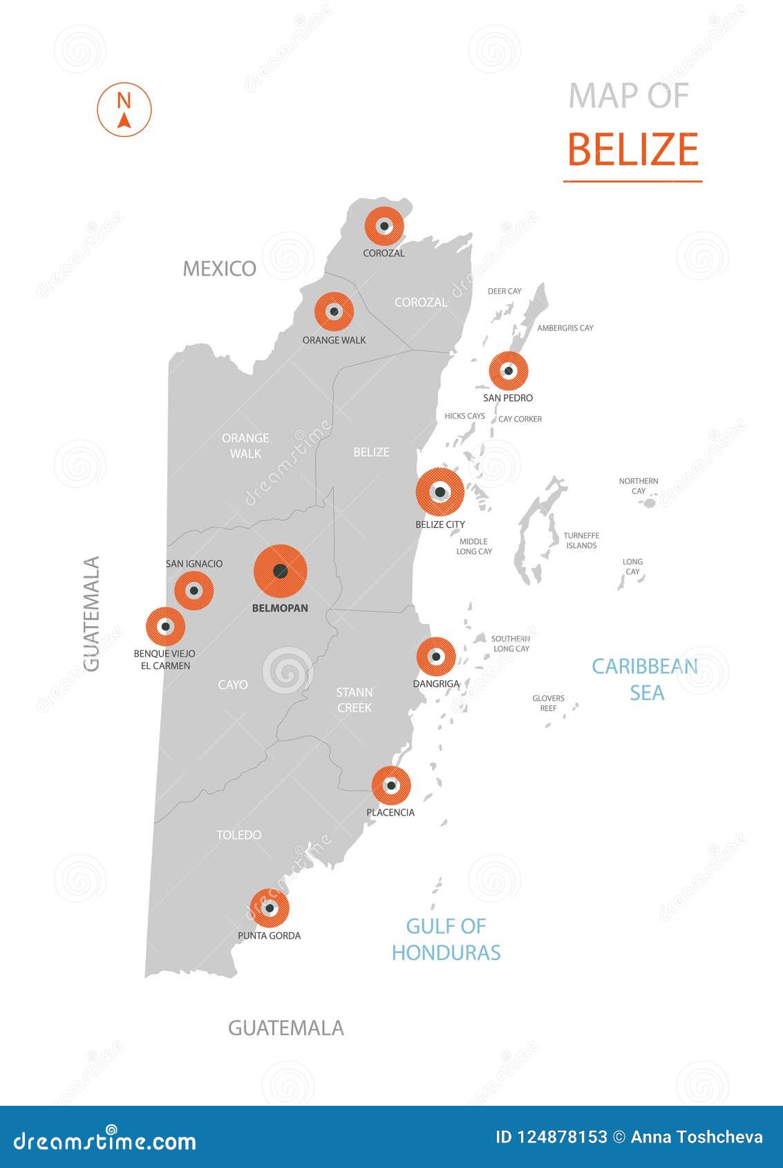 Vector Map Of Belize. High Detailed Country Map With Division, Cities ...