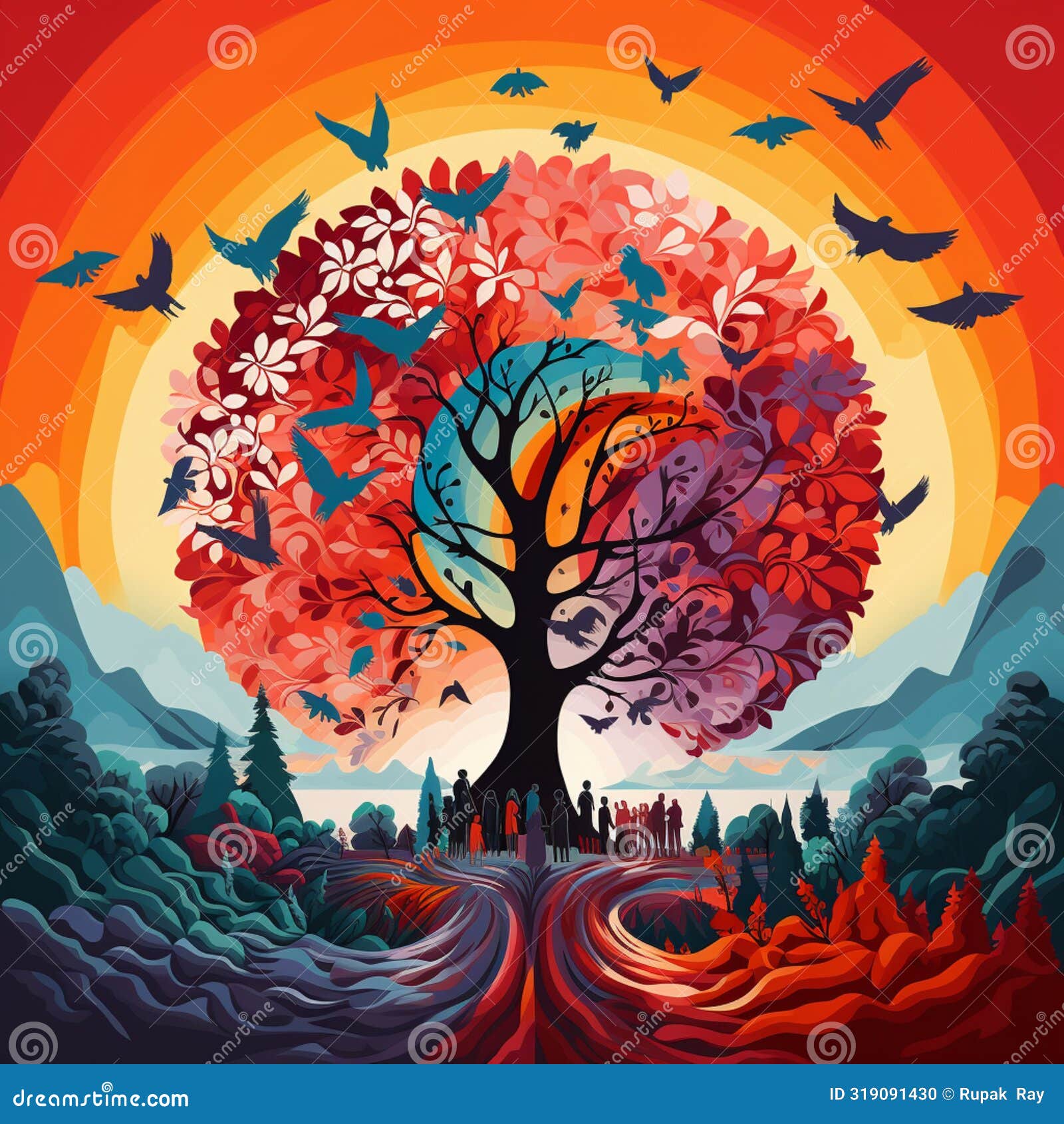 Stylized Design Beautiful Tree of Life Digital Art. Stock Illustration ...