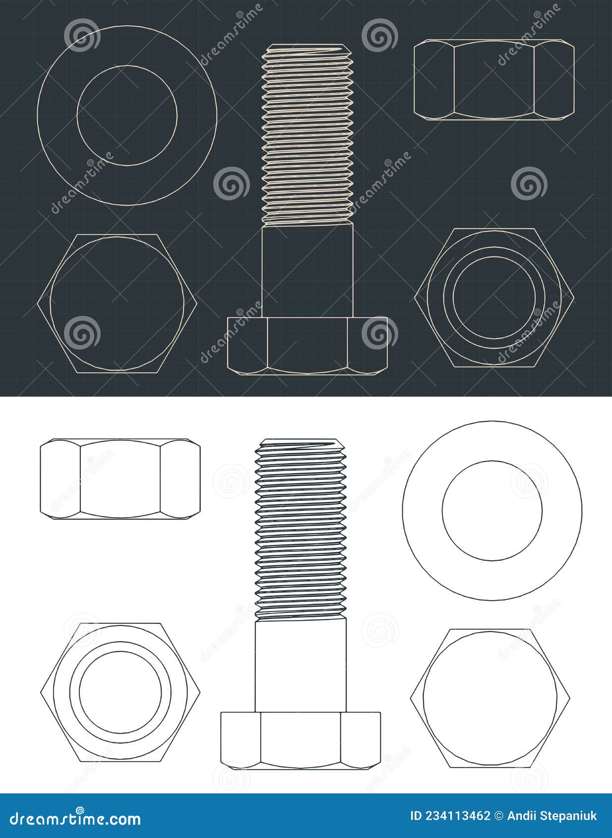 Hexagon Bolt and Nuts Head Blueprints Stock Vector - Illustration of ...