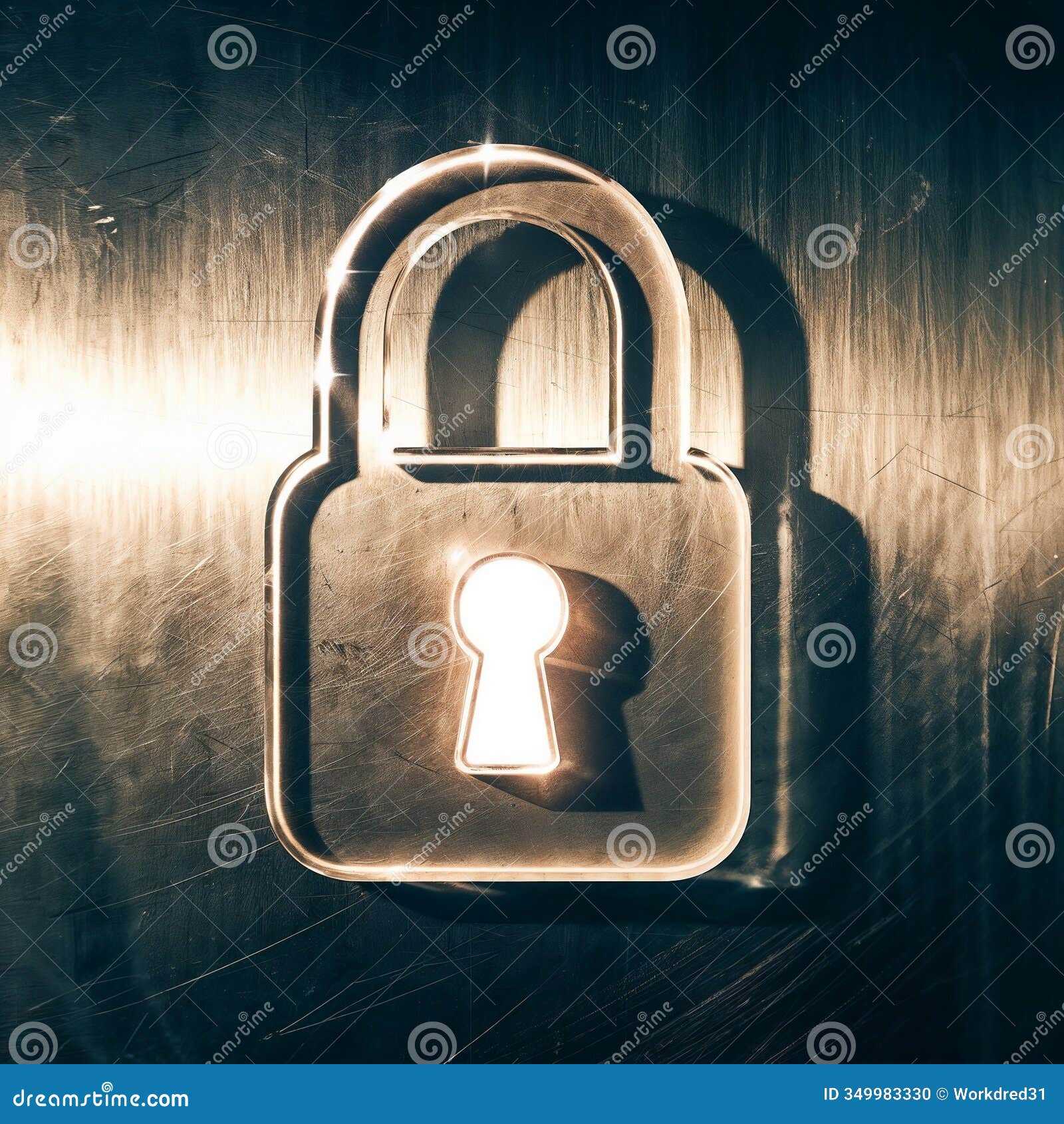 Stylized Vector Illustration of Illuminated Padlock on Metallic ...
