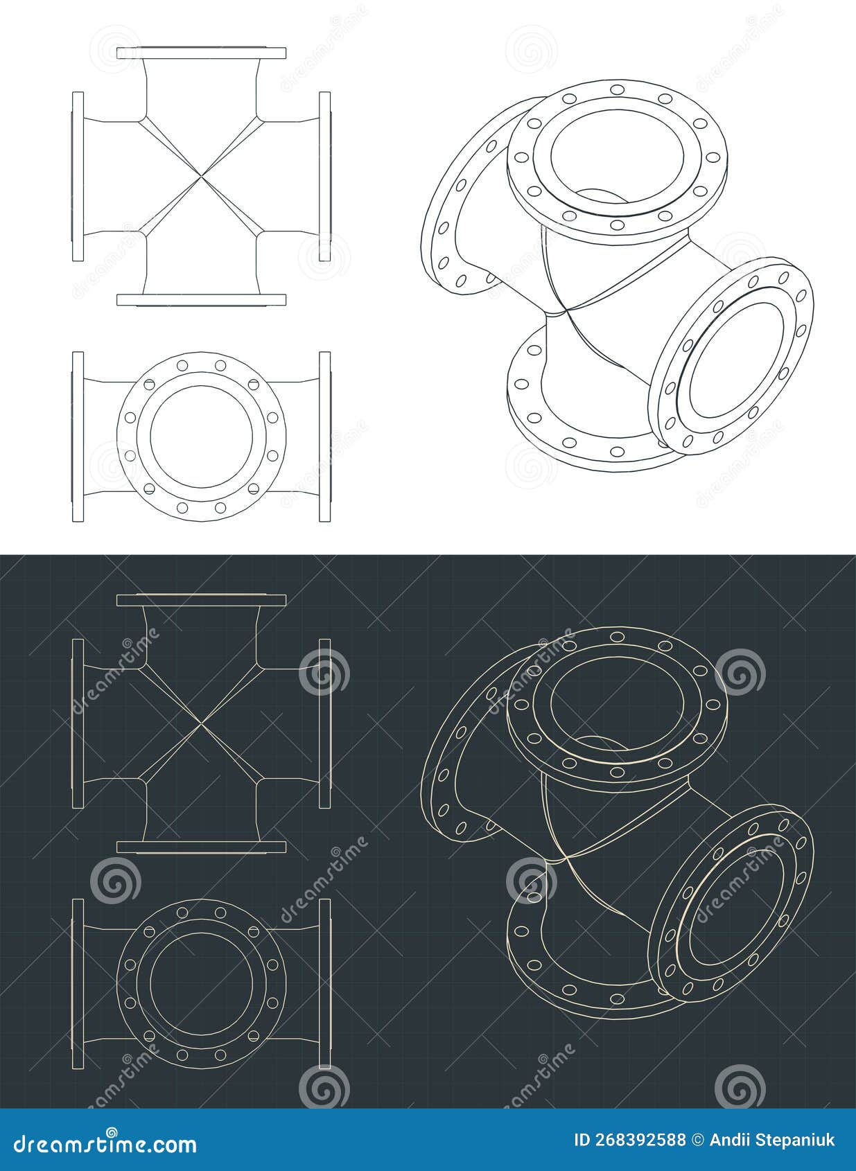 Flanged cross blueprints stock vector. Illustration of pipes - 268392588