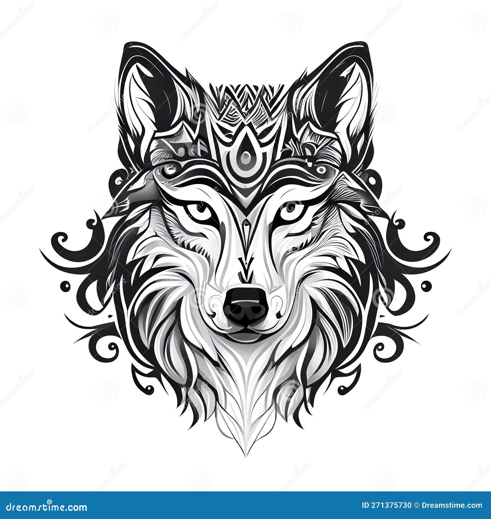 Stylized Wolf Head, Black White AI Generative Stock Illustration ...